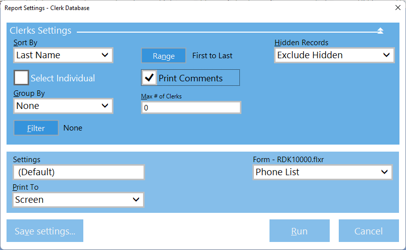 Report Manager - Menus - Database - Clerk Database Report